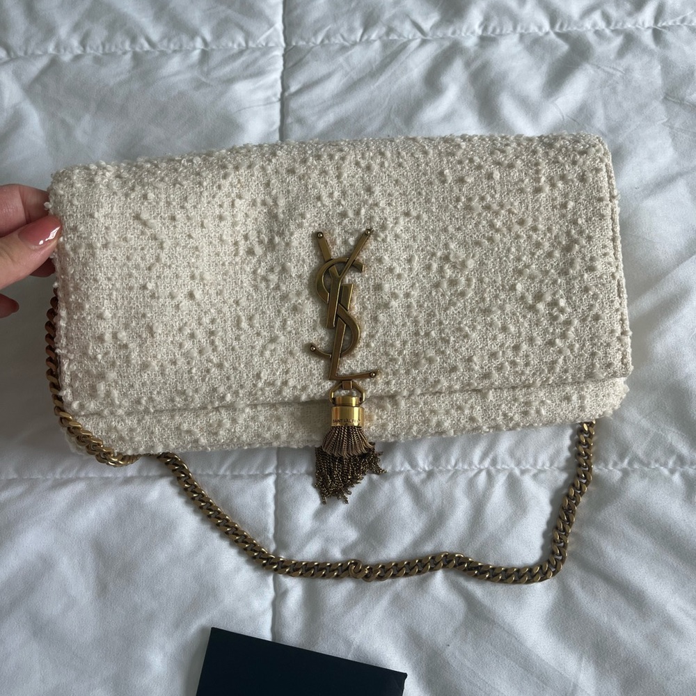 Cream Ysl Tweed Bag With Gold Hardware - Gem